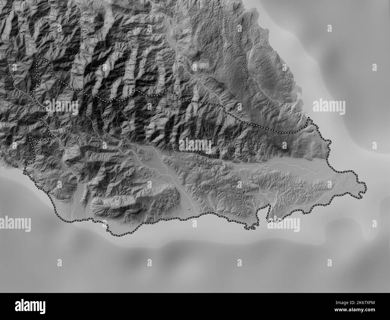 Saint Thomas, parish of Jamaica. Grayscale elevation map with lakes and ...