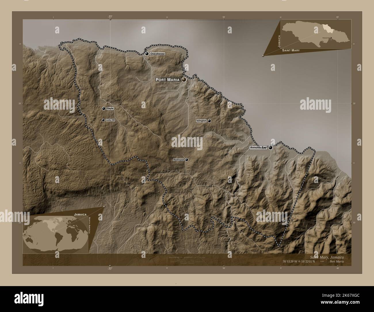 Saint Mary, parish of Jamaica. Elevation map colored in sepia tones ...