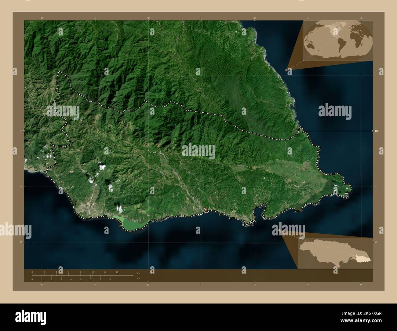 Saint Thomas, parish of Jamaica. Low resolution satellite map. Corner ...