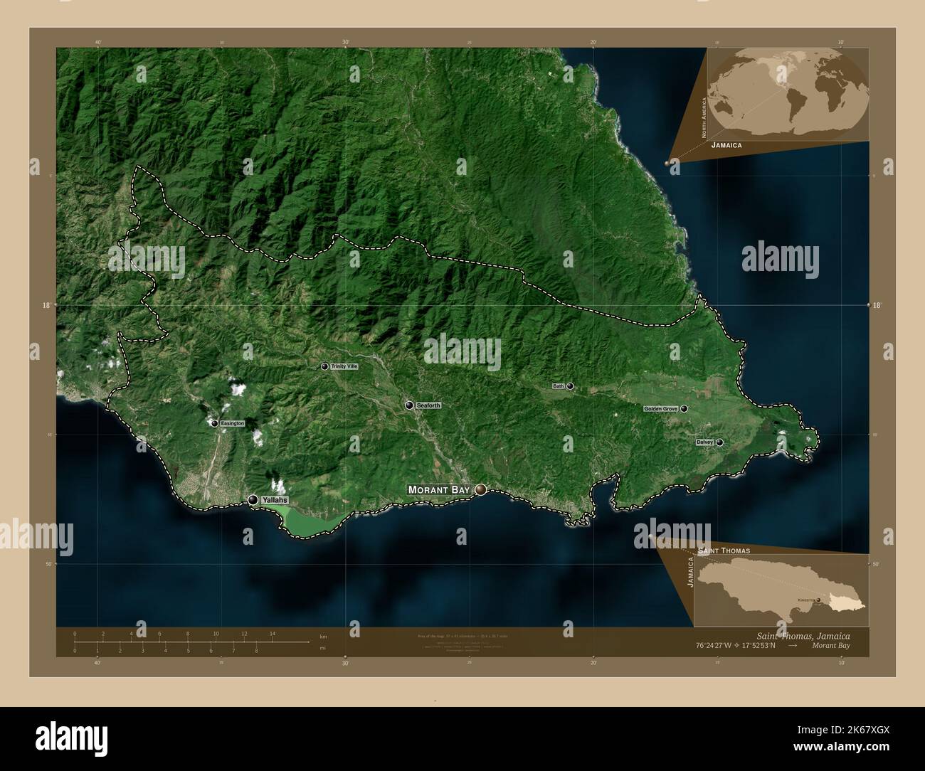 Saint Thomas, parish of Jamaica. Low resolution satellite map ...