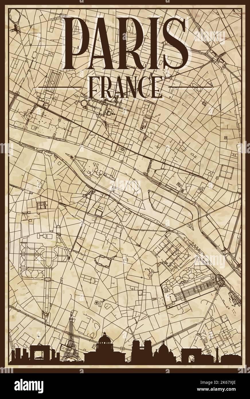 Brown vintage hand-drawn printout streets network map of the downtown ...