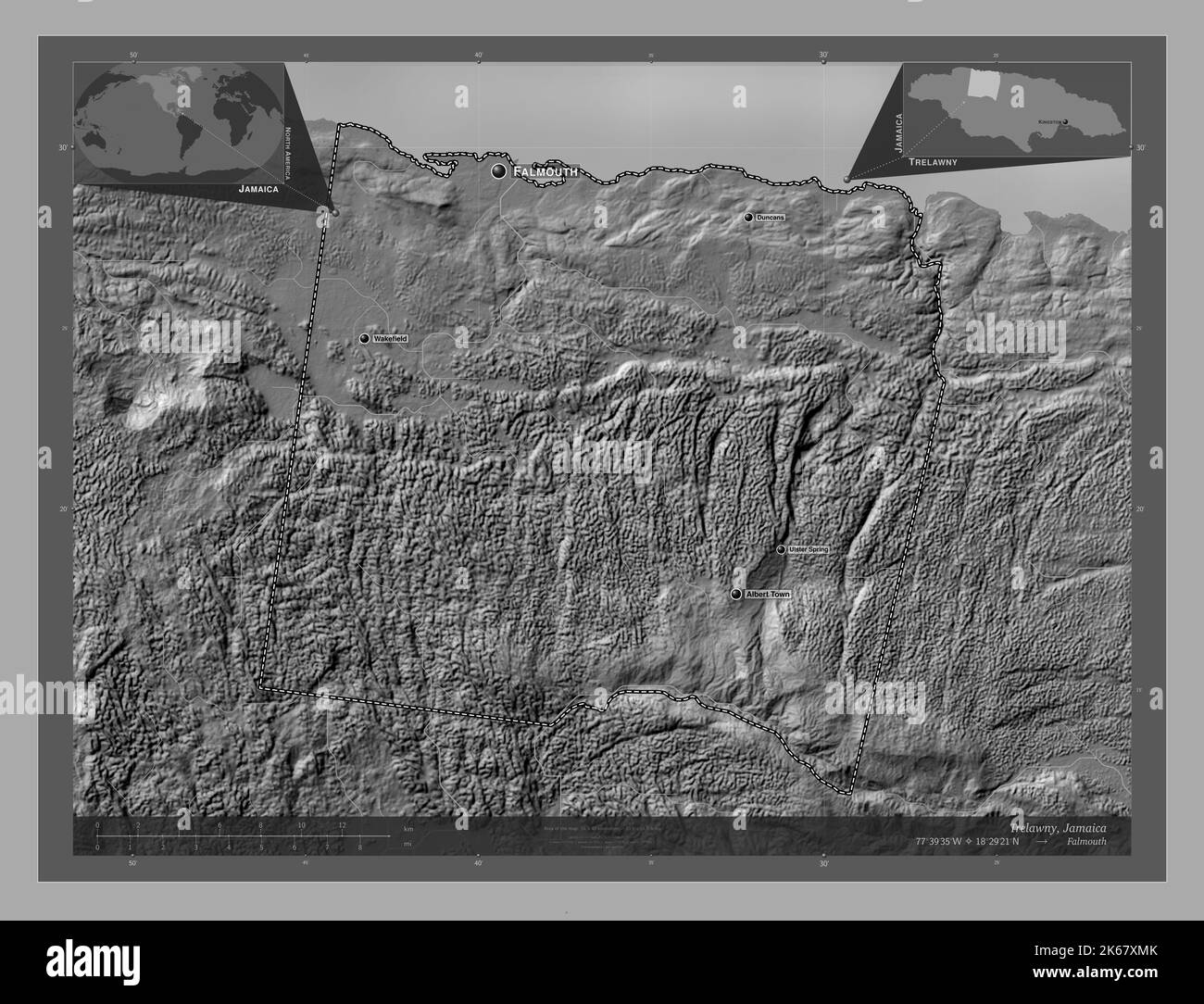 Trelawny, parish of Jamaica. Bilevel elevation map with lakes and ...