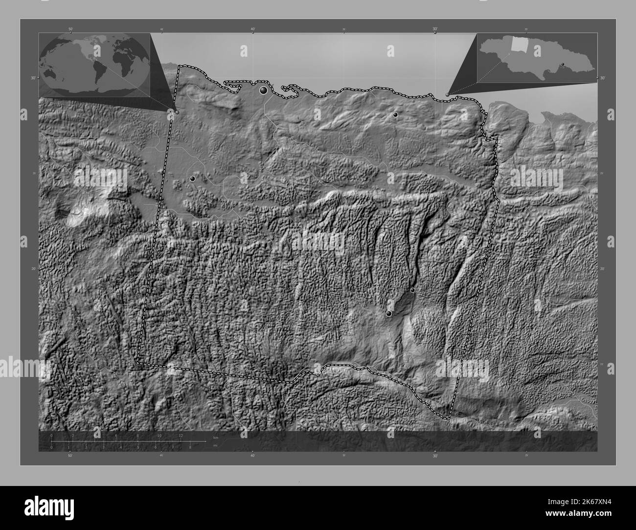 Trelawny, parish of Jamaica. Bilevel elevation map with lakes and ...