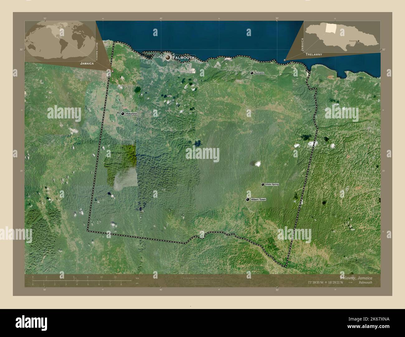 Trelawny, parish of Jamaica. High resolution satellite map. Locations ...