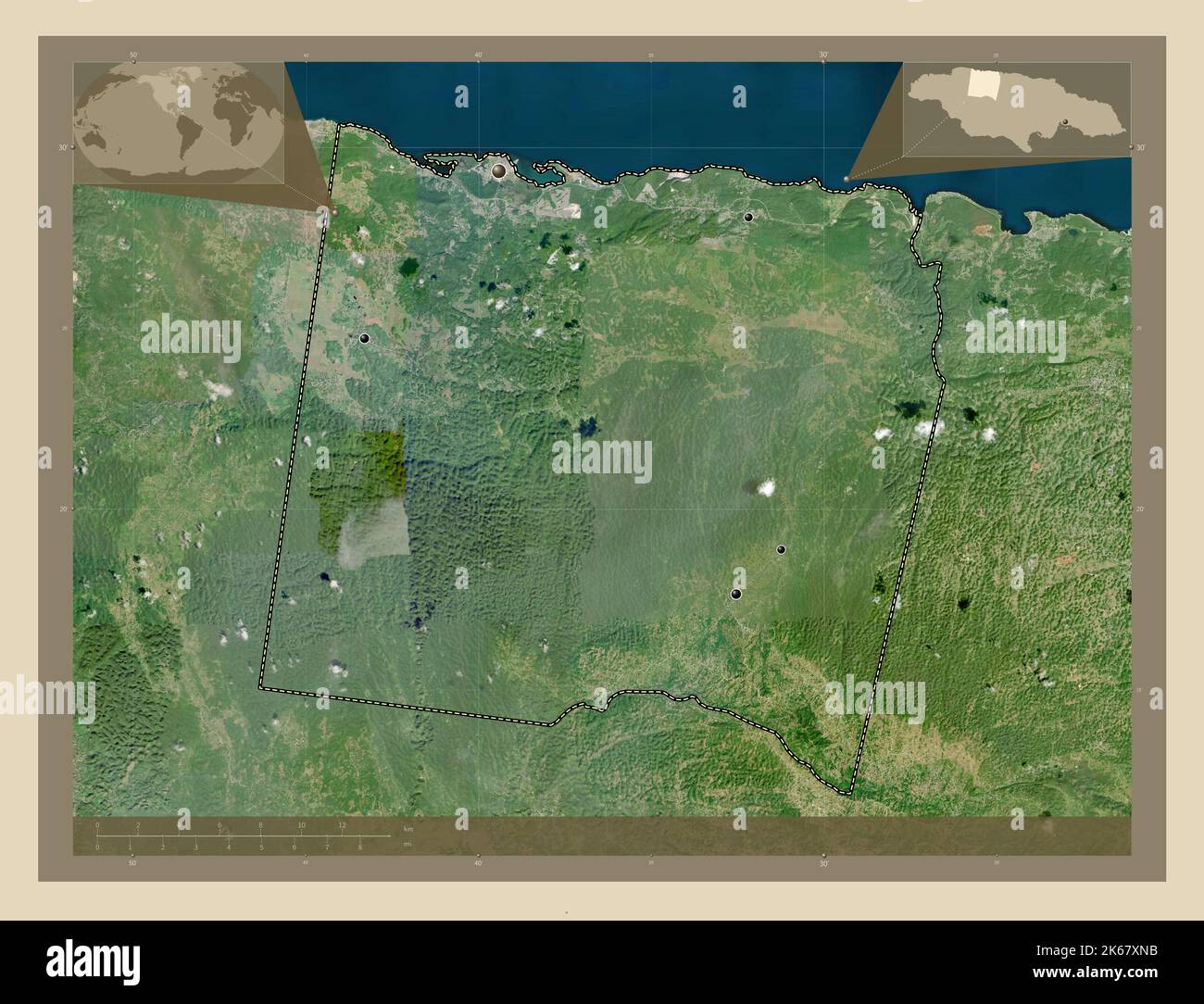 Trelawny, parish of Jamaica. High resolution satellite map. Locations ...