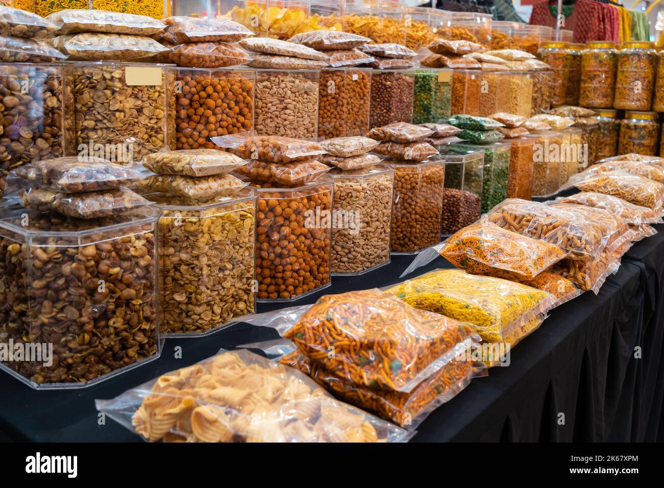 Variety types of Indian snacks selling at the booth Stock Photo - Alamy