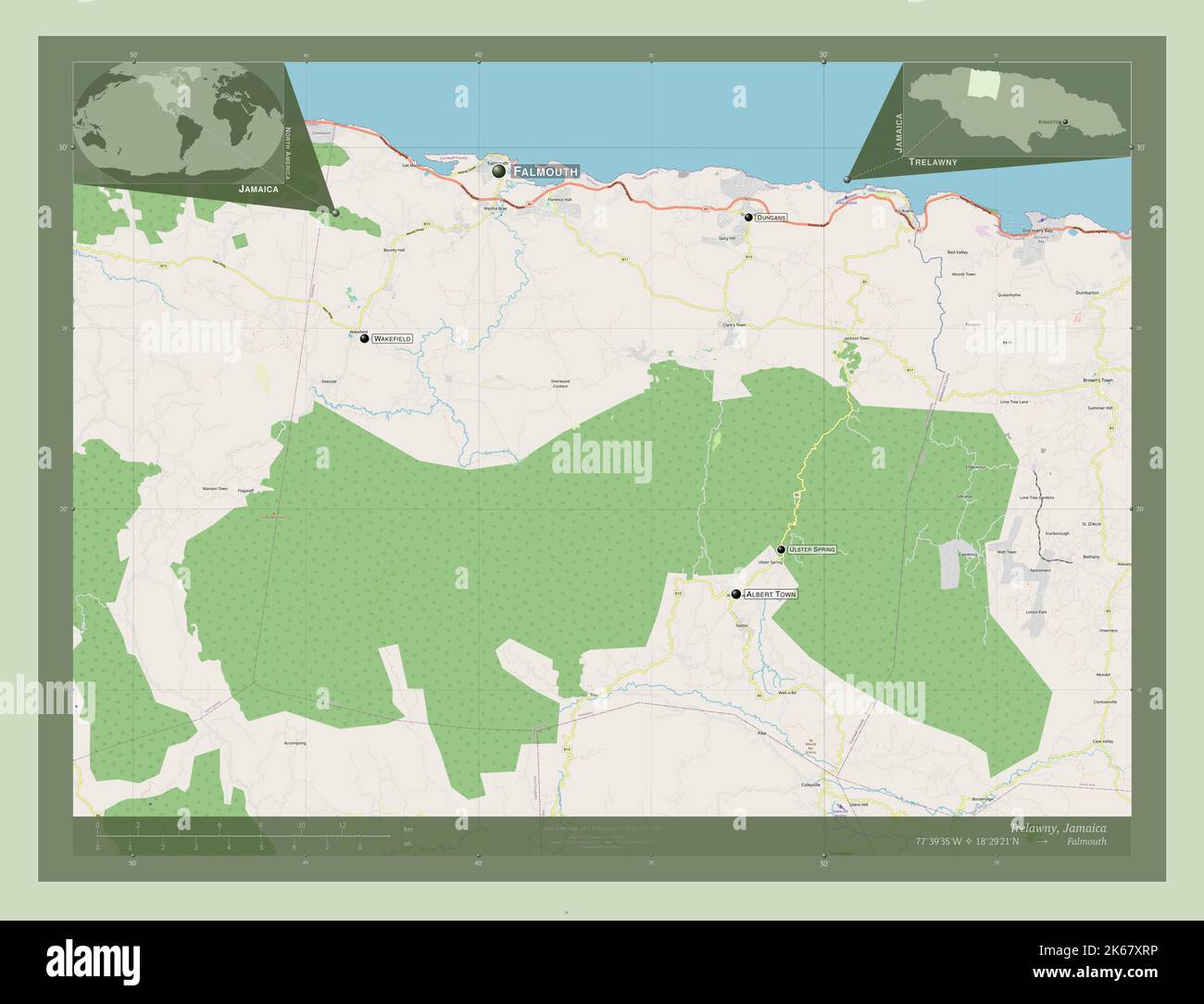Trelawny, parish of Jamaica. Open Street Map. Locations and names of ...