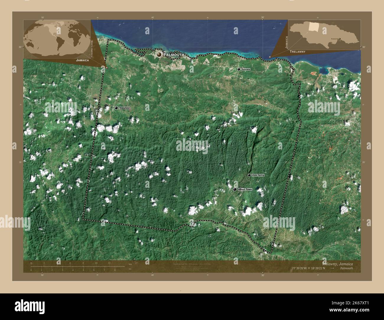 Trelawny, parish of Jamaica. Low resolution satellite map. Locations ...