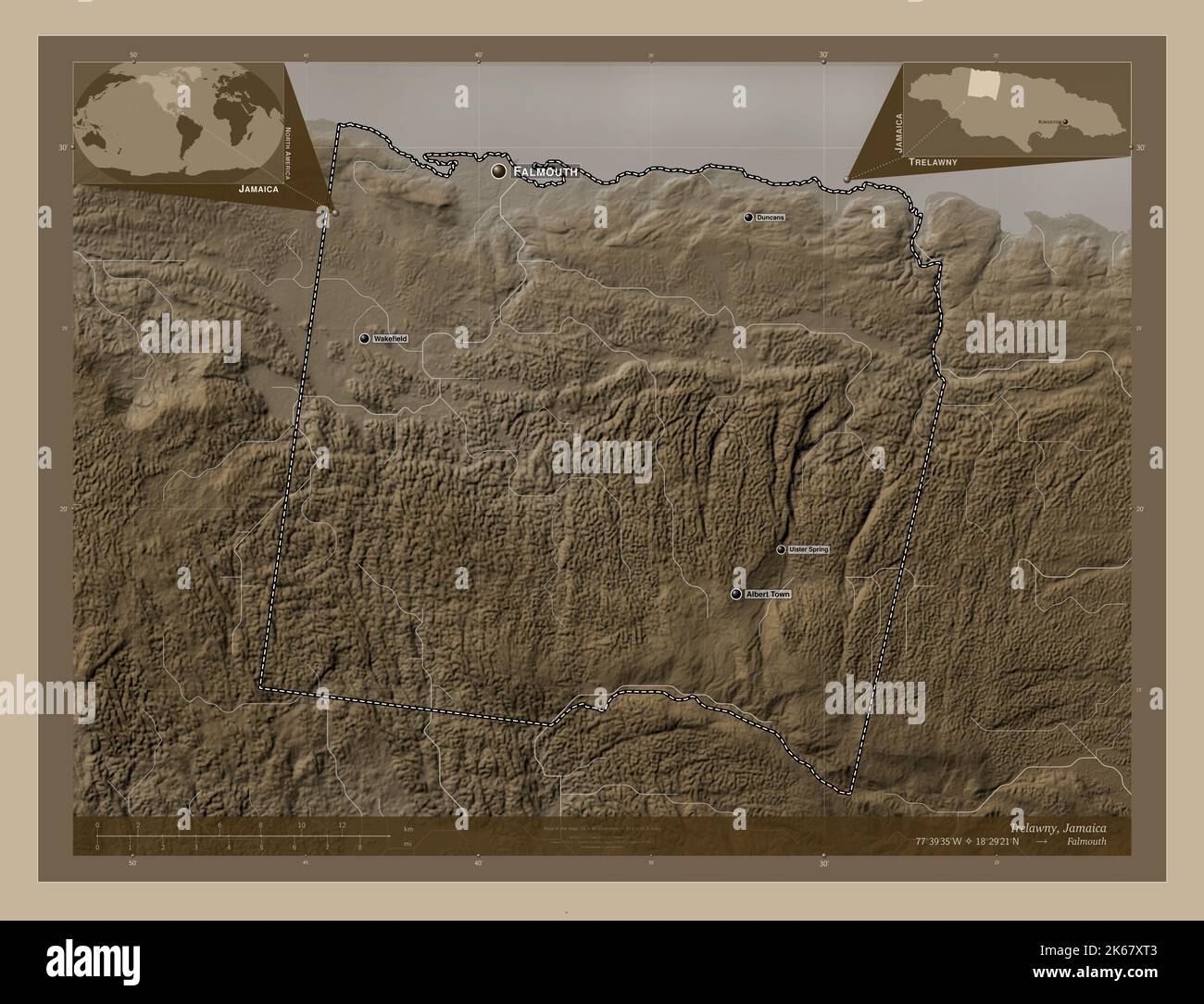 Trelawny, parish of Jamaica. Elevation map colored in sepia tones with ...