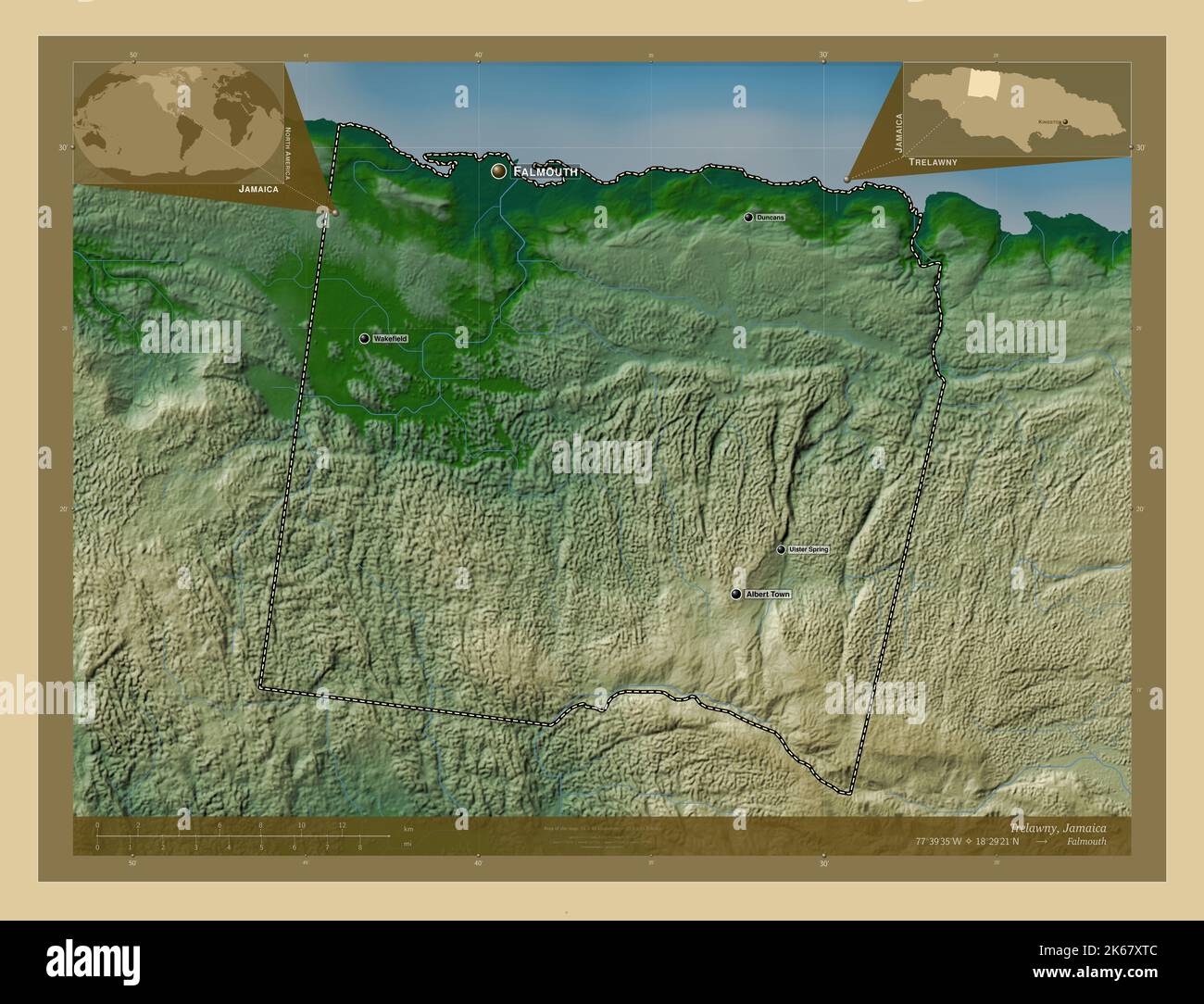 Trelawny, parish of Jamaica. Colored elevation map with lakes and ...