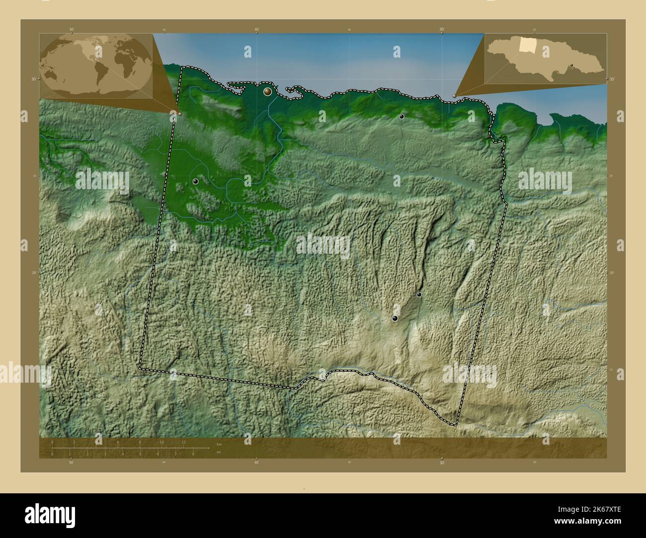 Trelawny, parish of Jamaica. Colored elevation map with lakes and ...