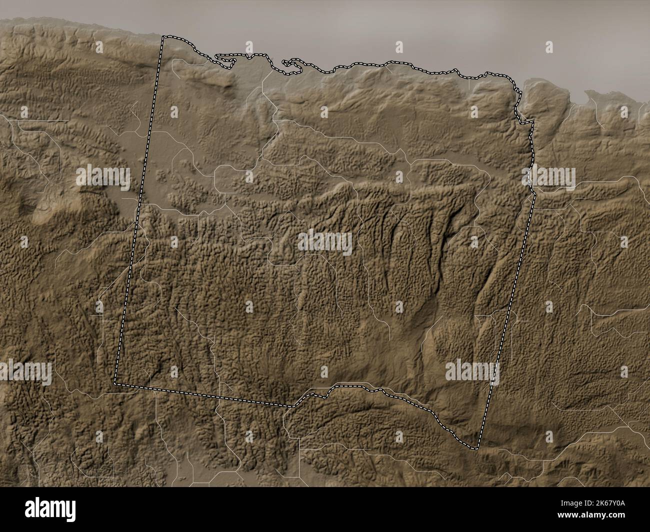 Trelawny, parish of Jamaica. Elevation map colored in sepia tones with ...