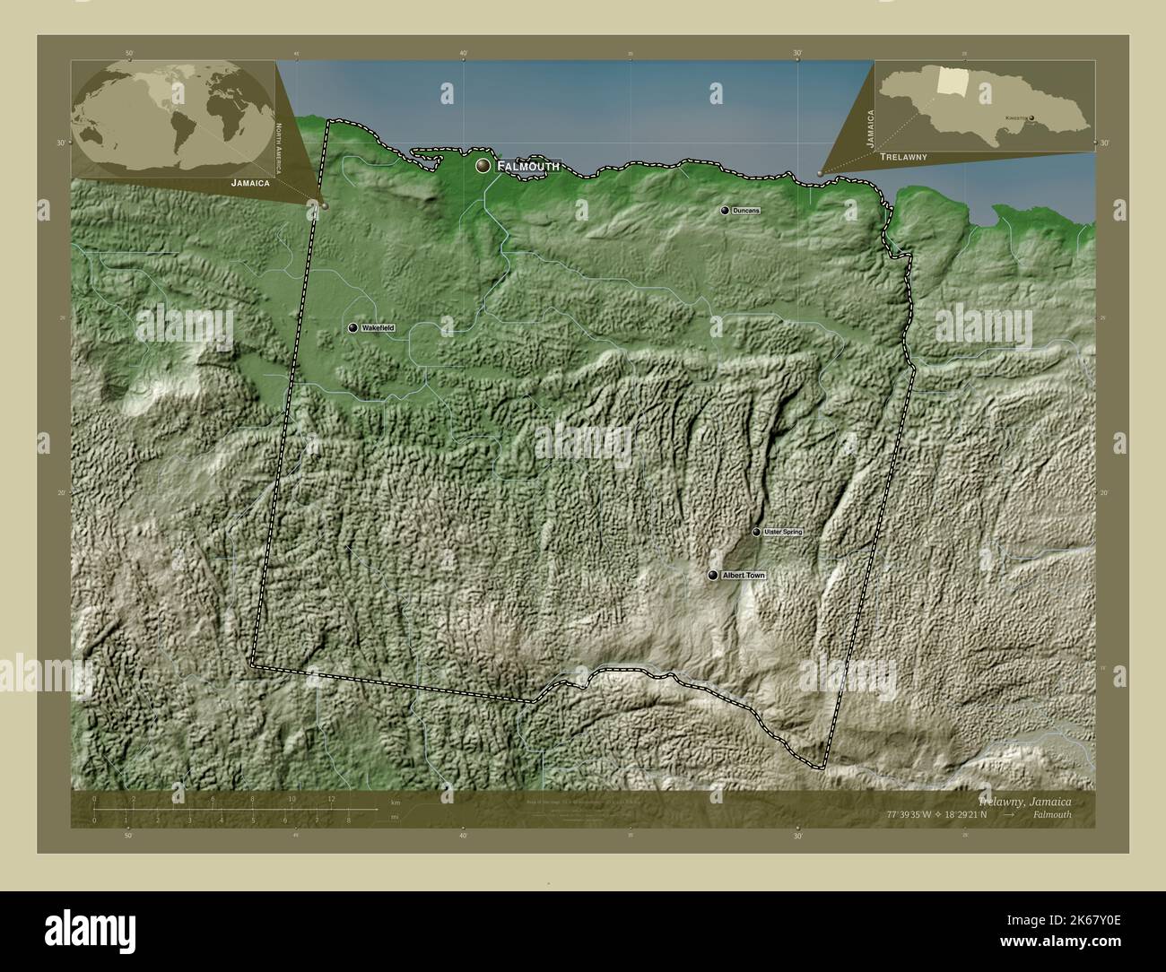 Trelawny, parish of Jamaica. Elevation map colored in wiki style with ...