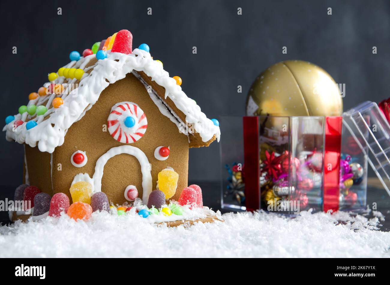 Colorful Gingerbread Houses with Candies and White Snow Horizontal ...