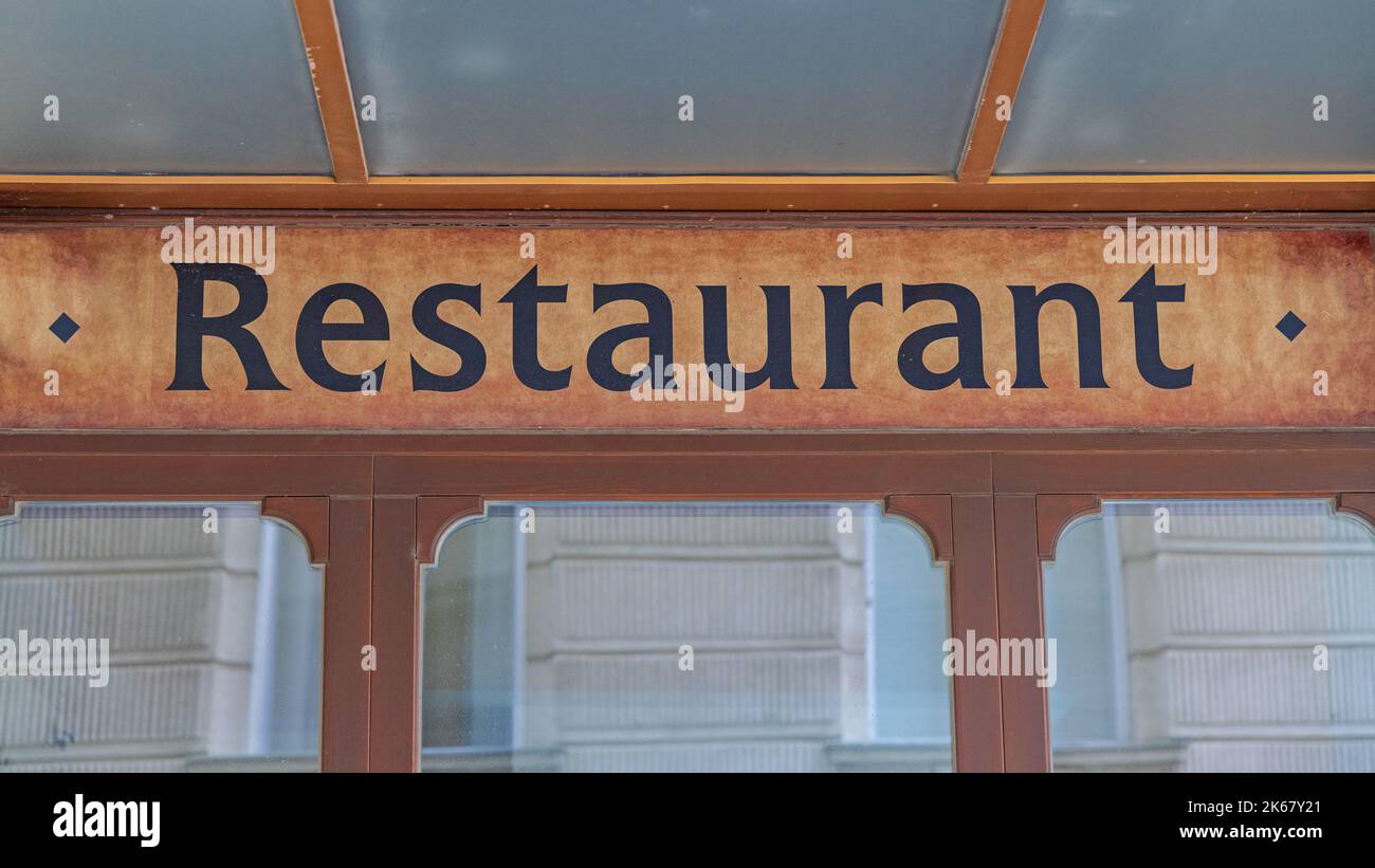 Restaurant Sign English at Retro Building Exterior Stock Photo - Alamy