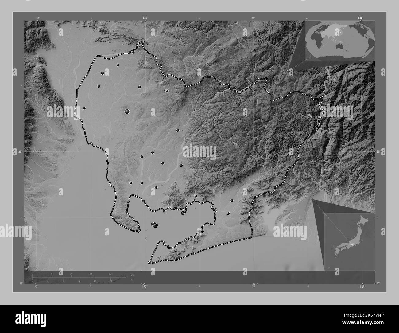 Aichi, prefecture of Japan. Grayscale elevation map with lakes and ...