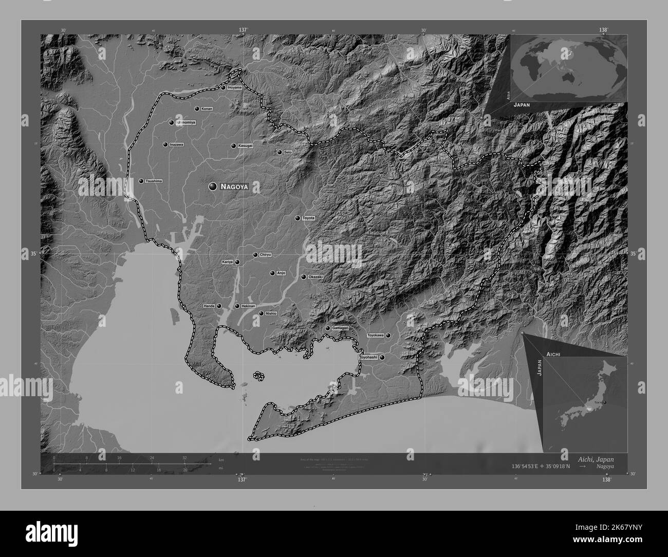 Aichi, prefecture of Japan. Bilevel elevation map with lakes and rivers ...