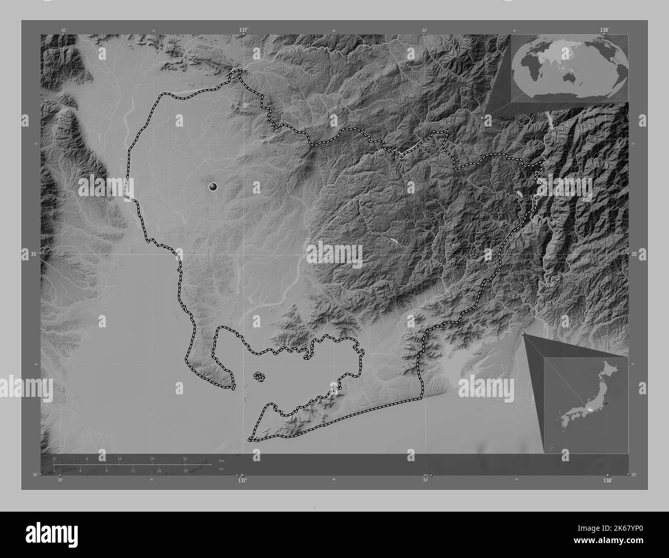 Aichi, prefecture of Japan. Grayscale elevation map with lakes and ...
