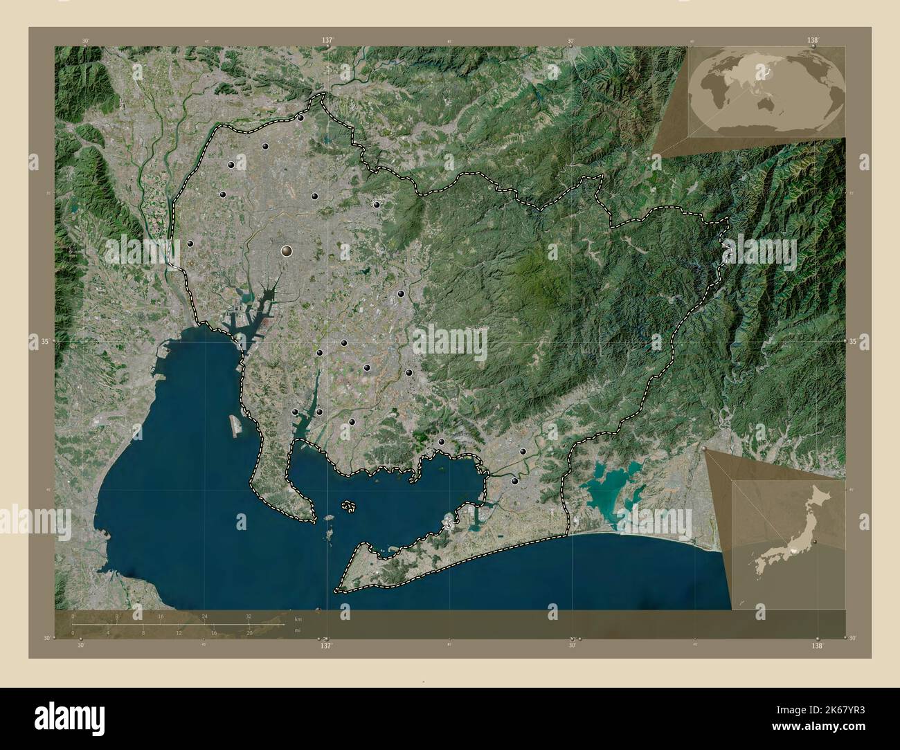 Aichi, prefecture of Japan. High resolution satellite map. Locations of ...