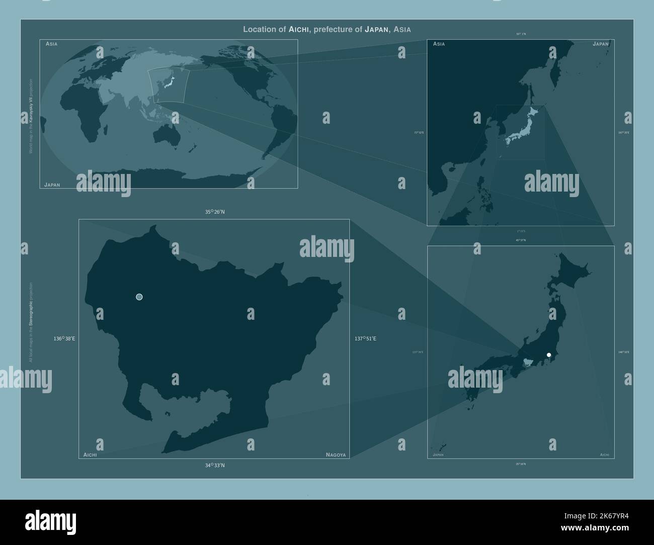 Aichi, prefecture of Japan. Diagram showing the location of the region ...