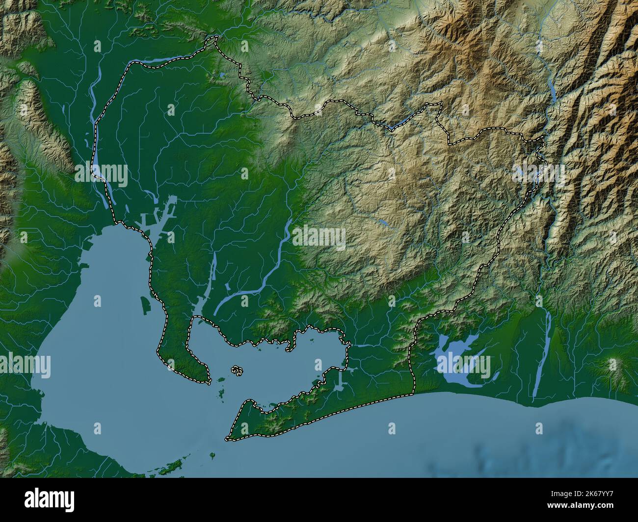 Aichi, prefecture of Japan. Colored elevation map with lakes and rivers ...