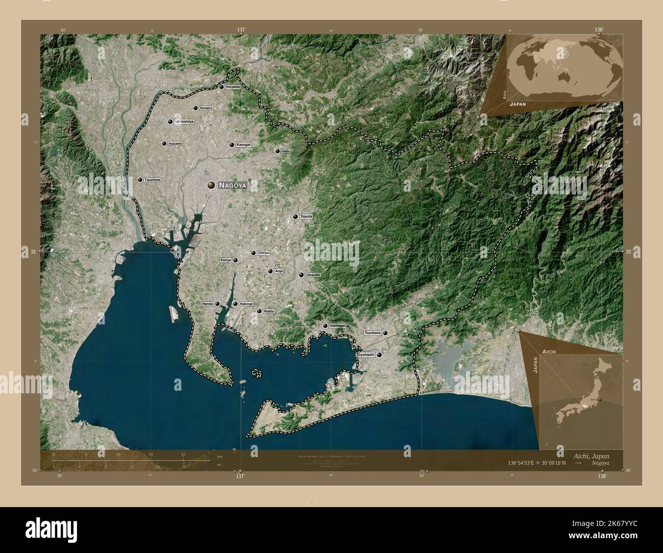 Aichi, prefecture of Japan. Low resolution satellite map. Locations and ...