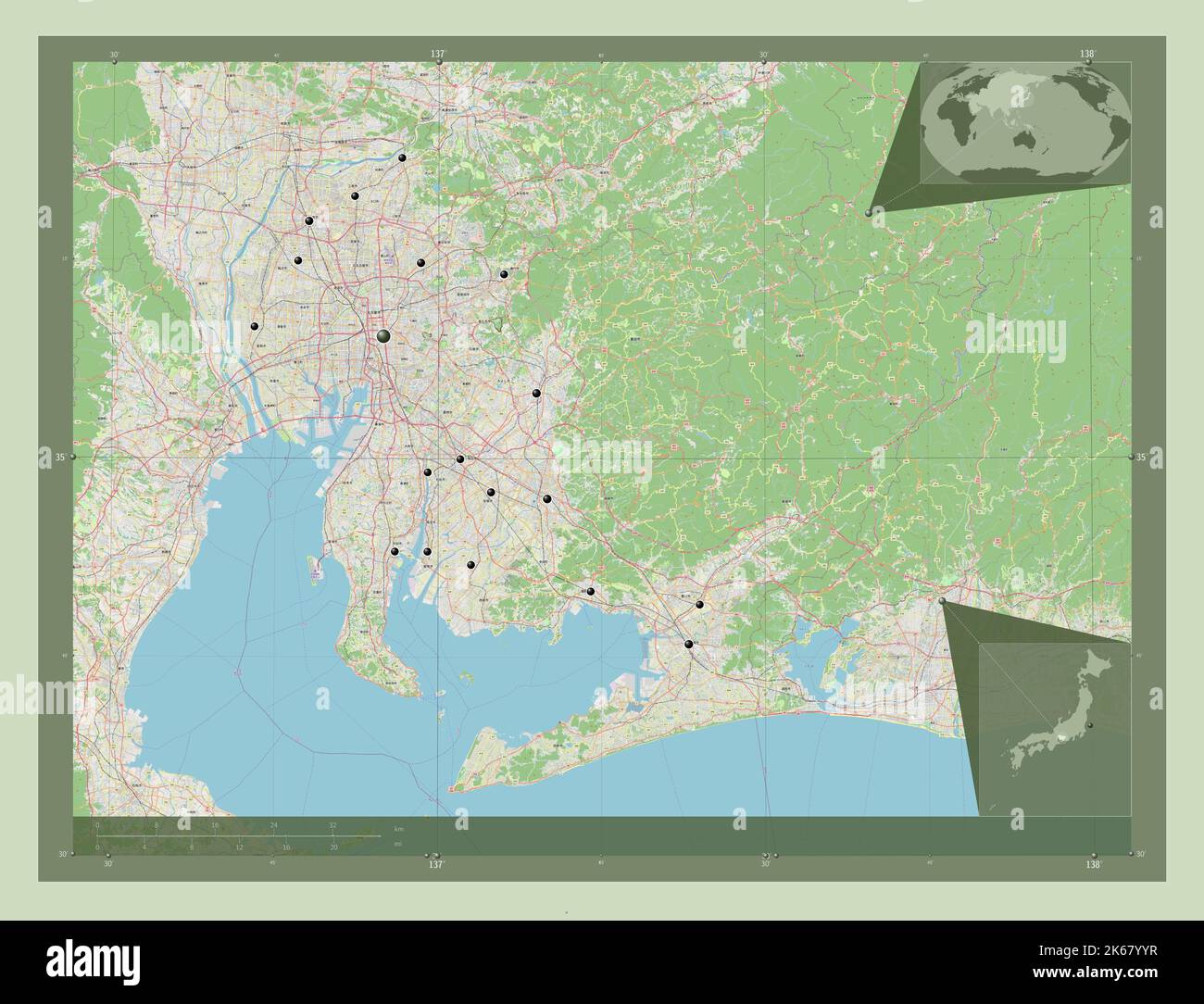Aichi, prefecture of Japan. Open Street Map. Locations of major cities ...
