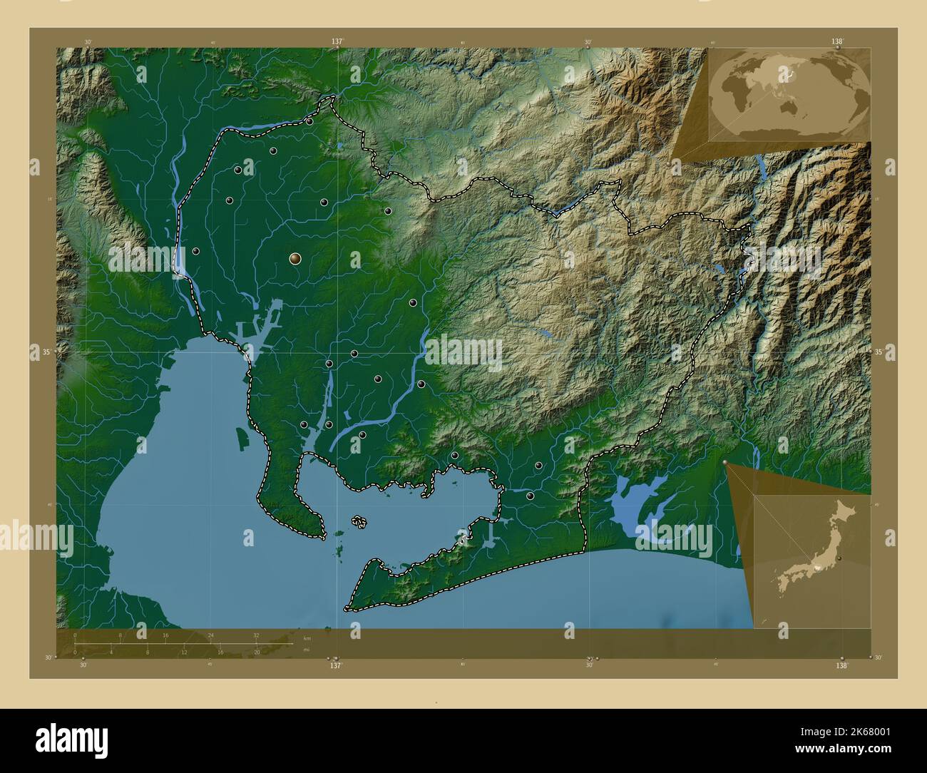Aichi, prefecture of Japan. Colored elevation map with lakes and rivers ...