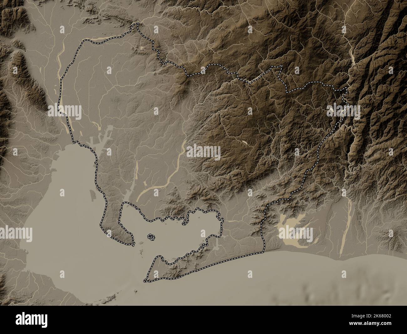 Aichi, prefecture of Japan. Elevation map colored in sepia tones with ...