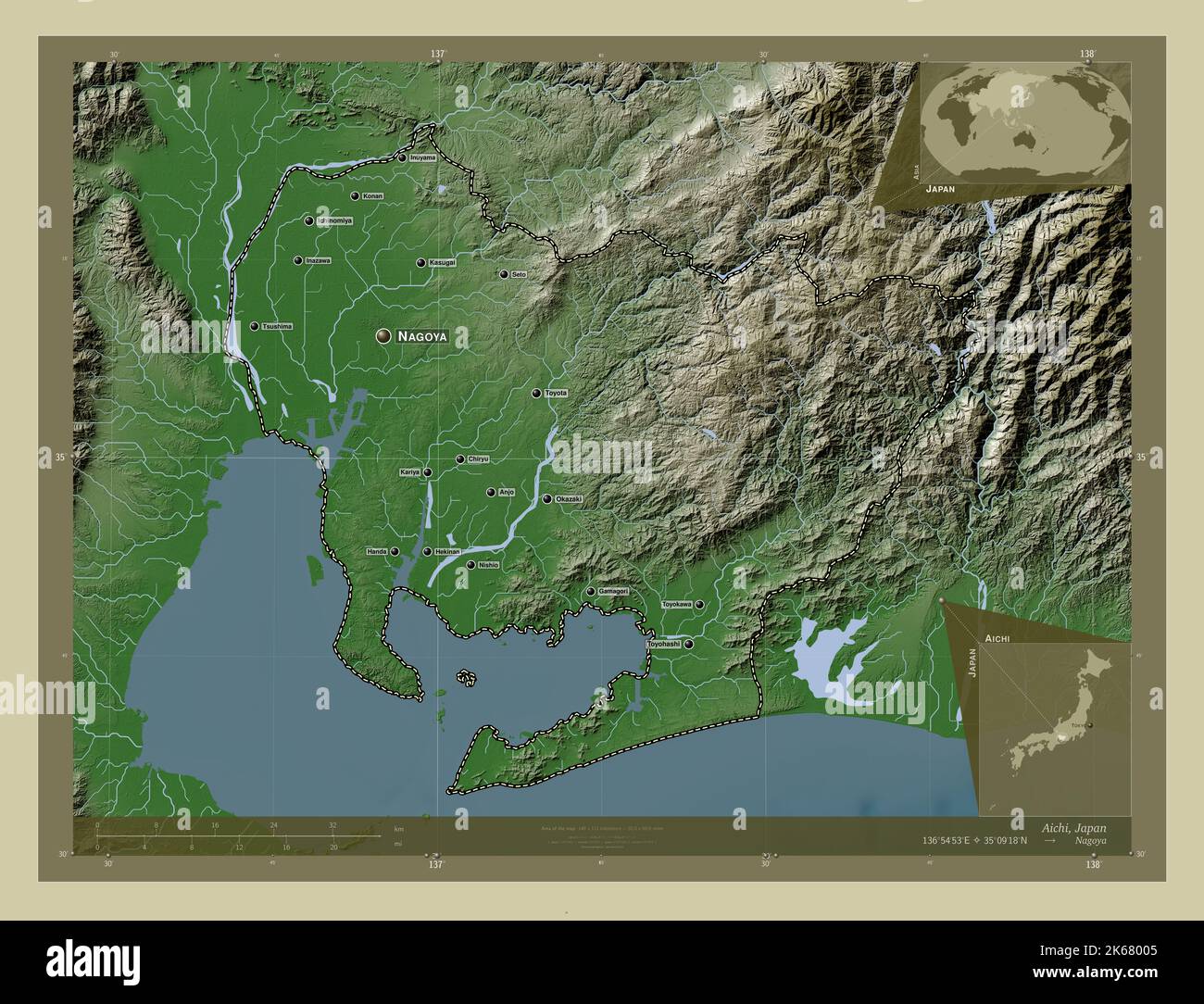 Aichi, prefecture of Japan. Elevation map colored in wiki style with ...
