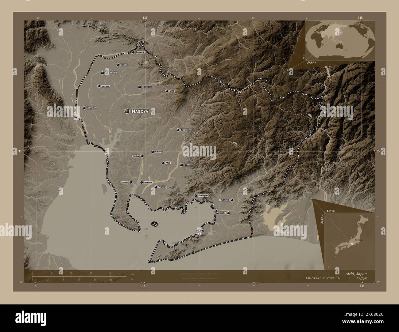Aichi, prefecture of Japan. Elevation map colored in sepia tones with ...