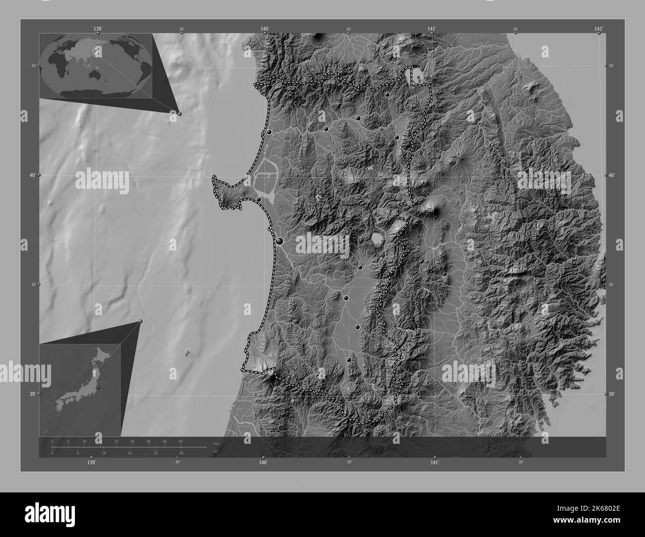 Akita, prefecture of Japan. Bilevel elevation map with lakes and rivers ...