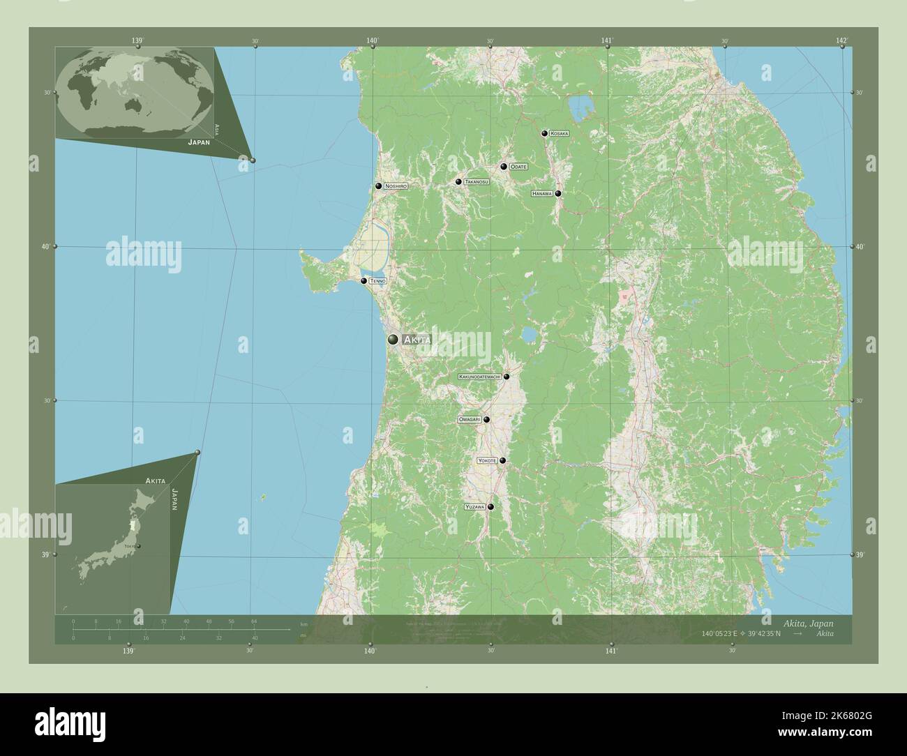 Akita, prefecture of Japan. Open Street Map. Locations and names of ...