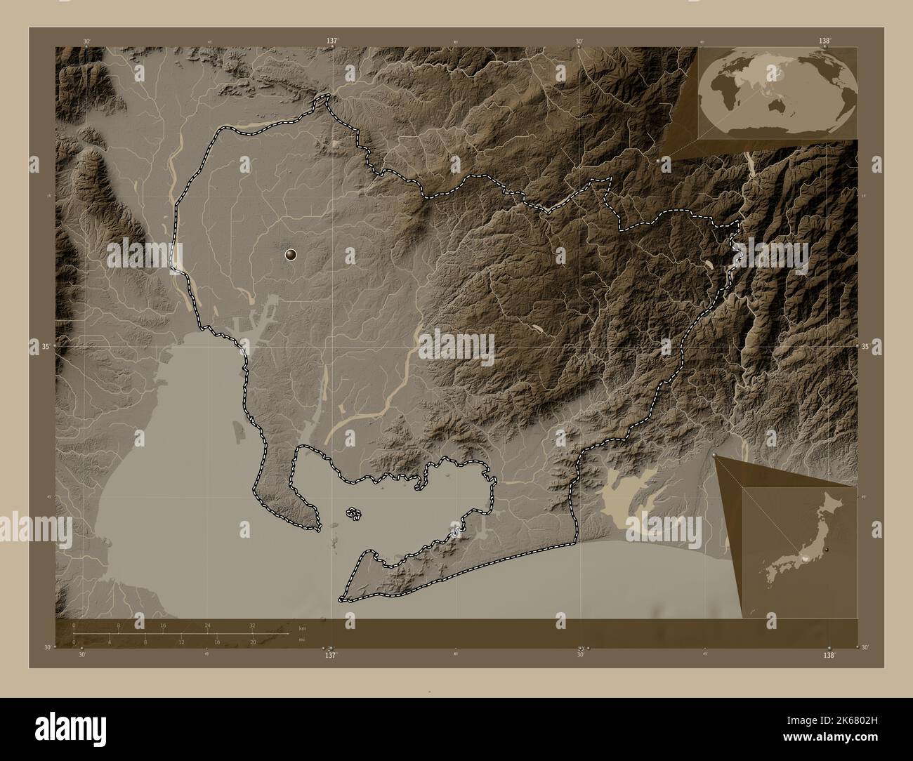 Aichi, prefecture of Japan. Elevation map colored in sepia tones with ...