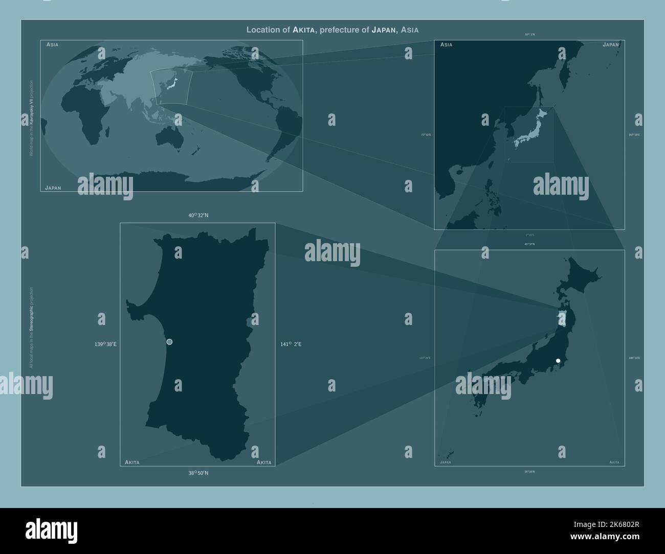 Akita, prefecture of Japan. Diagram showing the location of the region ...