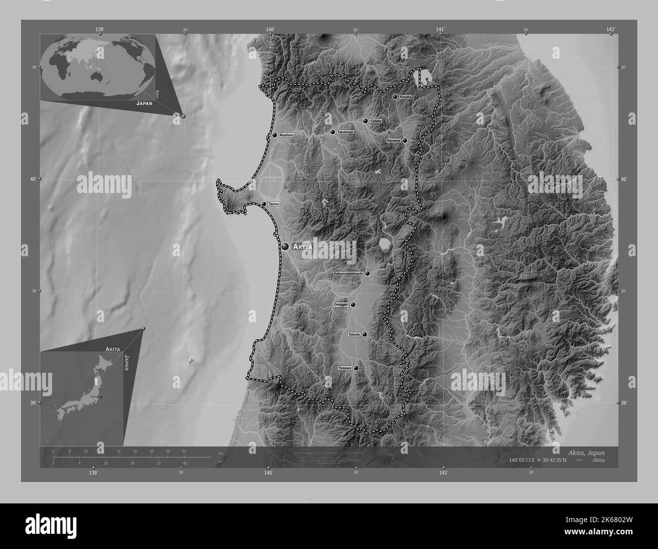 Akita, prefecture of Japan. Grayscale elevation map with lakes and ...