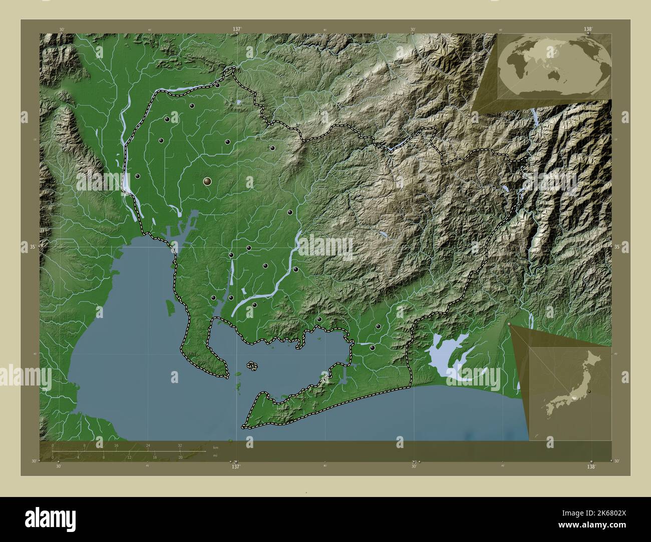 Aichi, prefecture of Japan. Elevation map colored in wiki style with ...