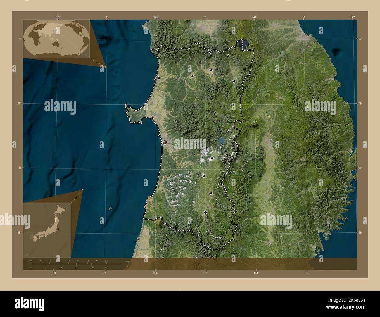 Akita, prefecture of Japan. Low resolution satellite map. Locations of ...