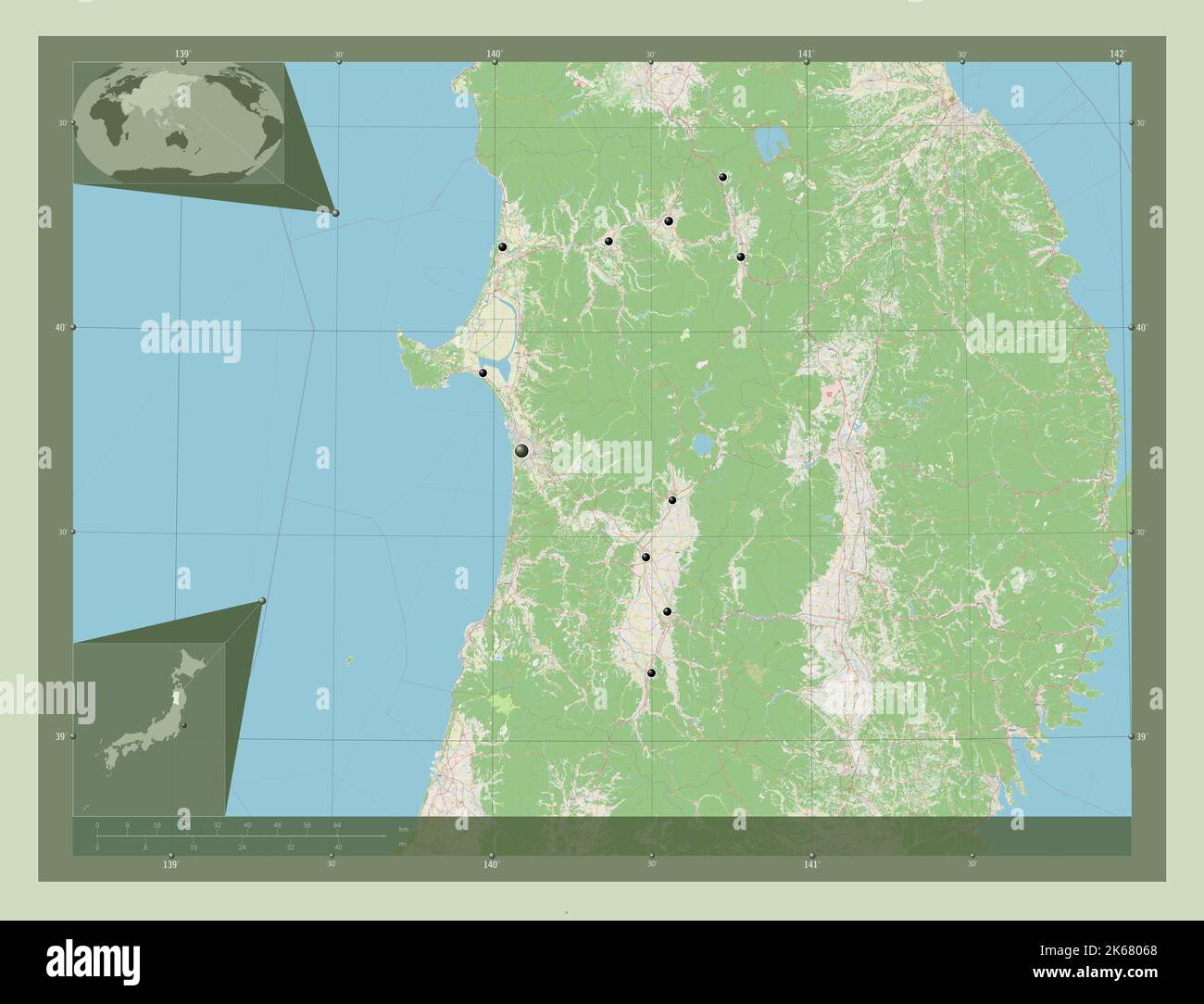 Akita, prefecture of Japan. Open Street Map. Locations of major cities ...