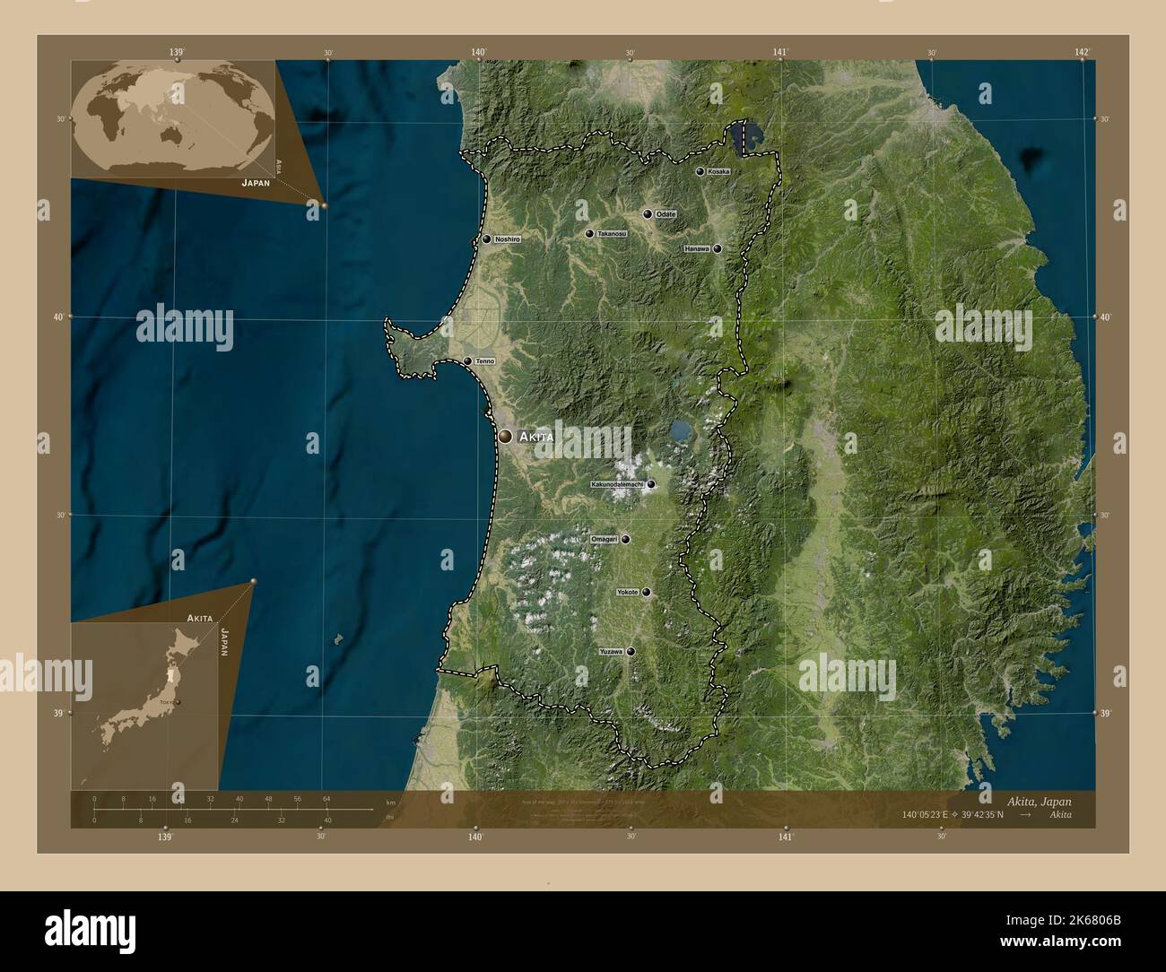 Akita, prefecture of Japan. Low resolution satellite map. Locations and ...