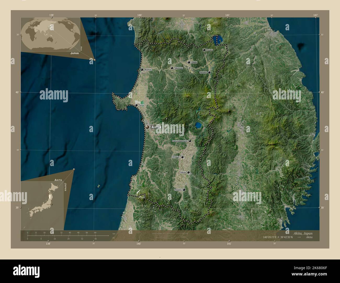 Akita, prefecture of Japan. High resolution satellite map. Locations ...