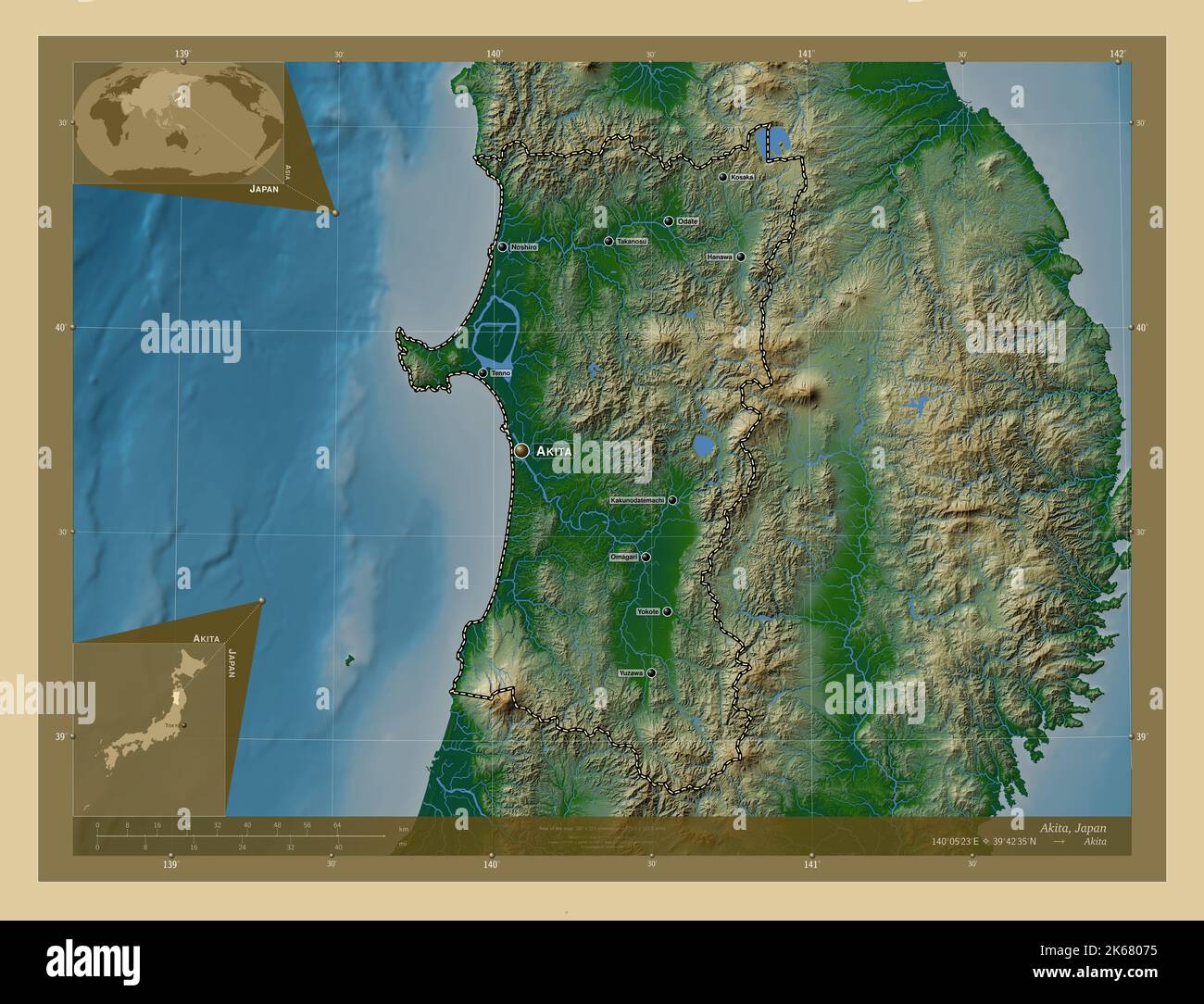 Akita, prefecture of Japan. Colored elevation map with lakes and rivers ...