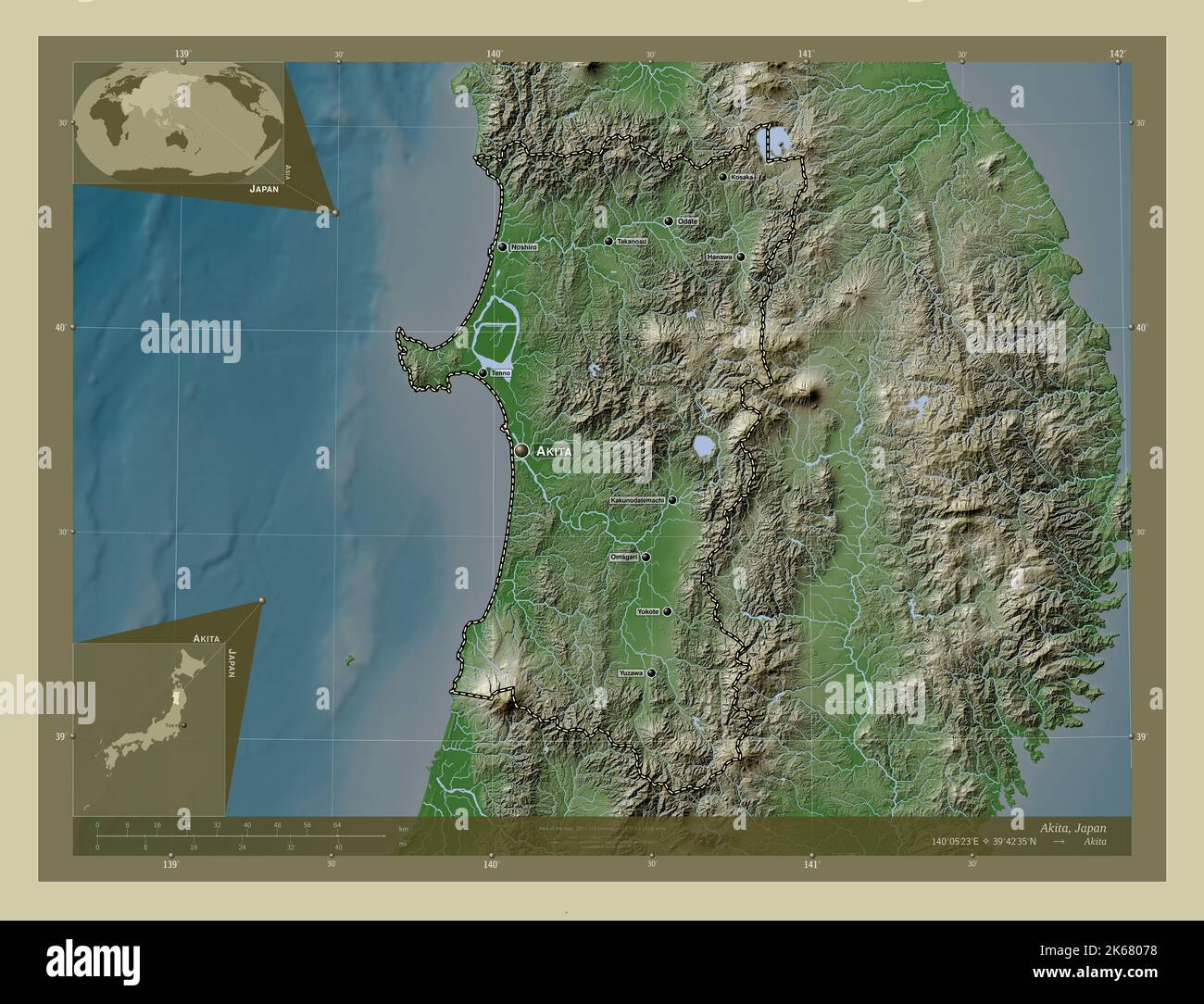 Akita, prefecture of Japan. Elevation map colored in wiki style with ...