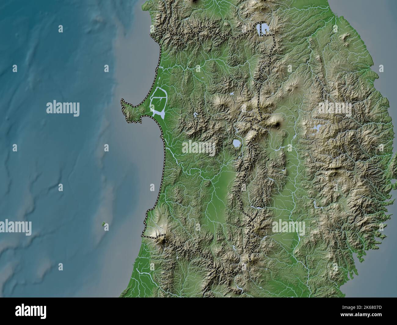Akita, prefecture of Japan. Elevation map colored in wiki style with ...