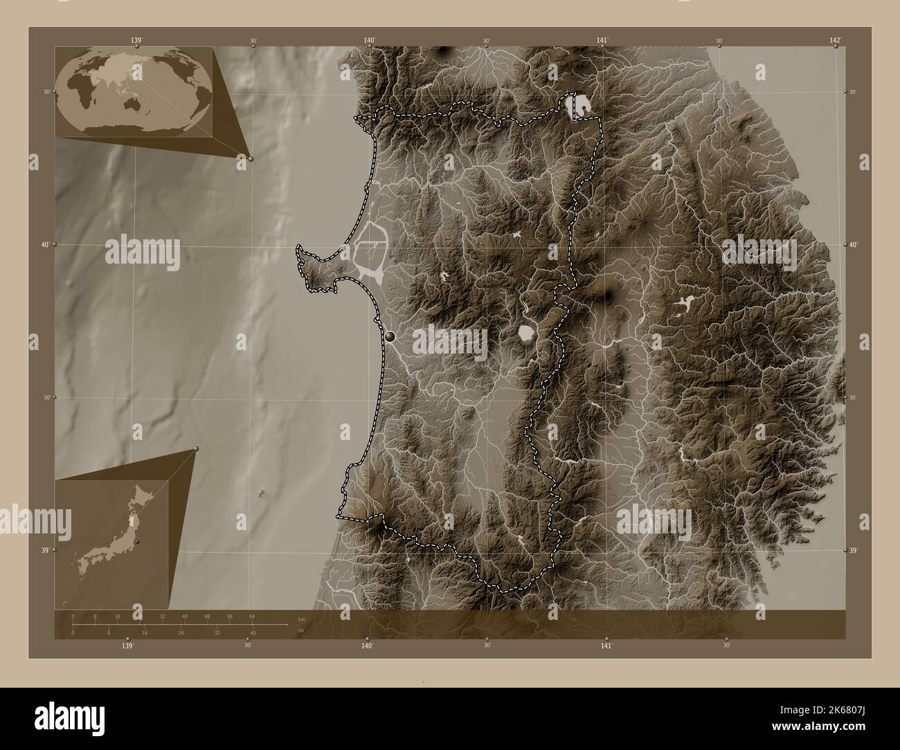 Akita, prefecture of Japan. Elevation map colored in sepia tones with ...