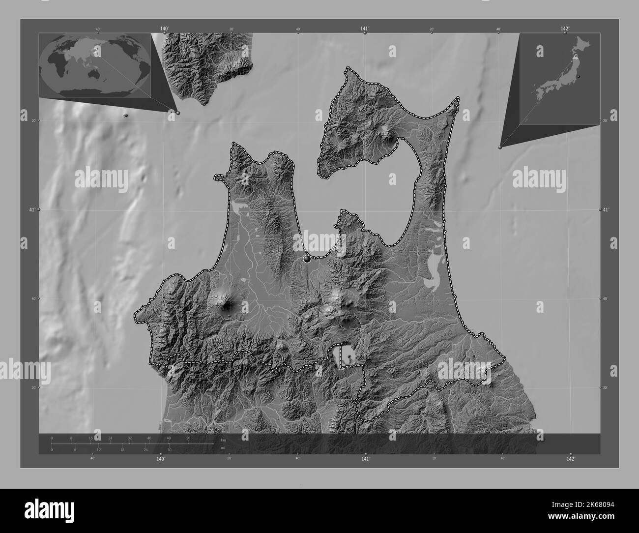Aomori, prefecture of Japan. Bilevel elevation map with lakes and ...