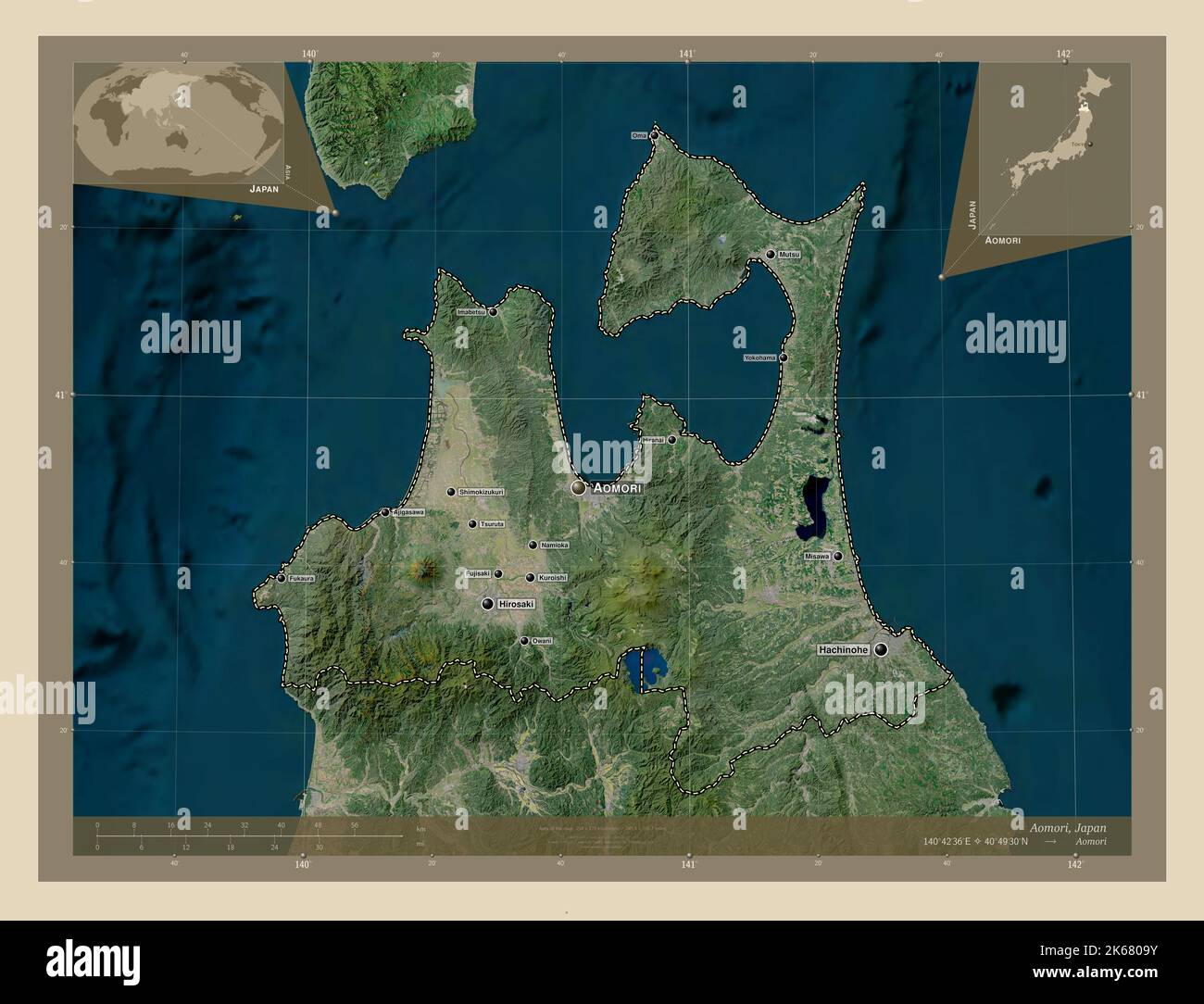 Aomori, prefecture of Japan. High resolution satellite map. Locations ...