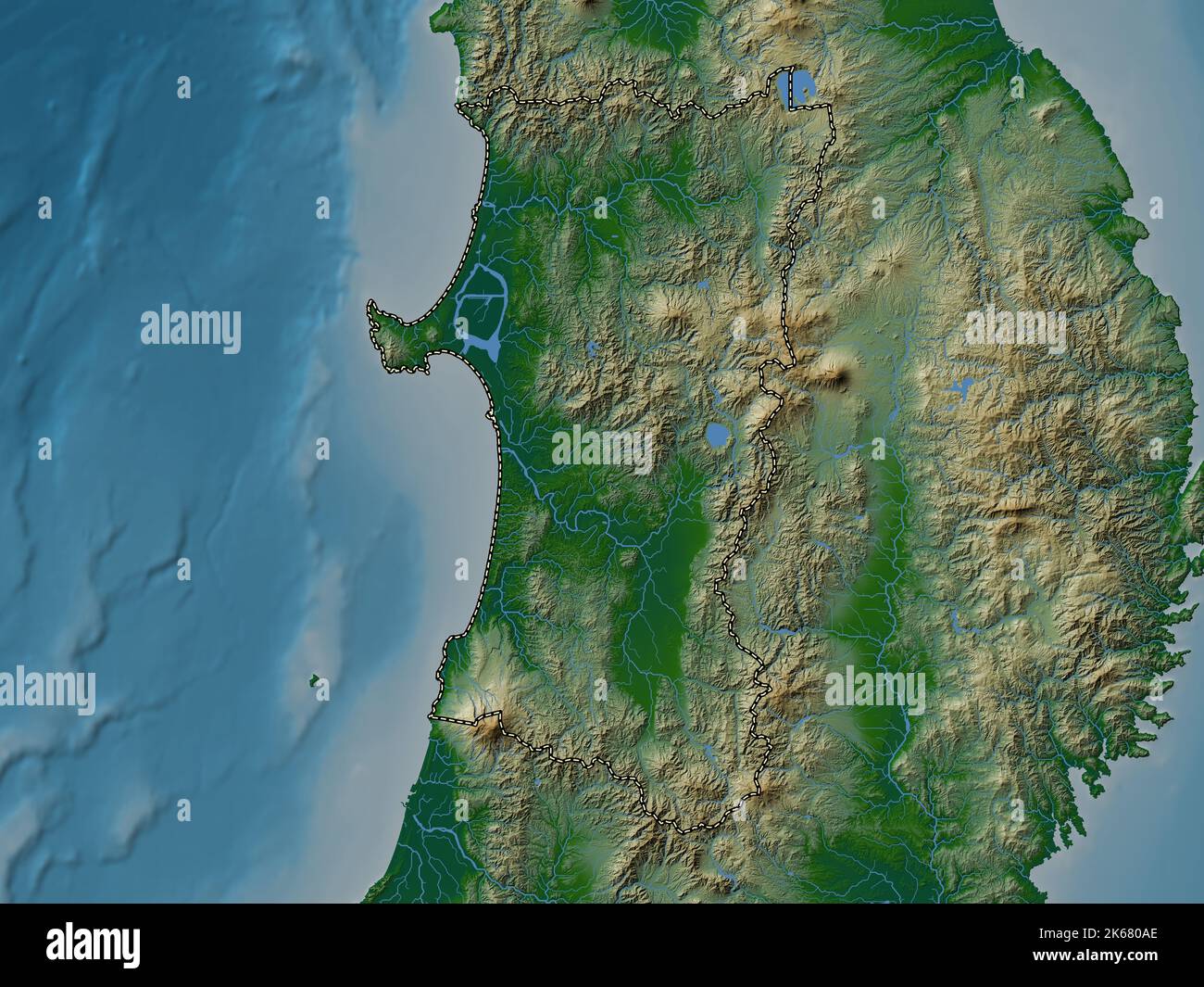 Akita, prefecture of Japan. Colored elevation map with lakes and rivers ...