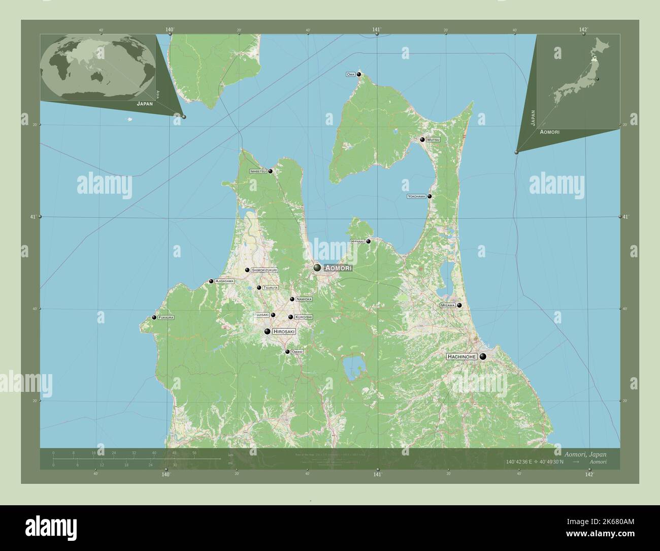 Aomori, prefecture of Japan. Open Street Map. Locations and names of ...