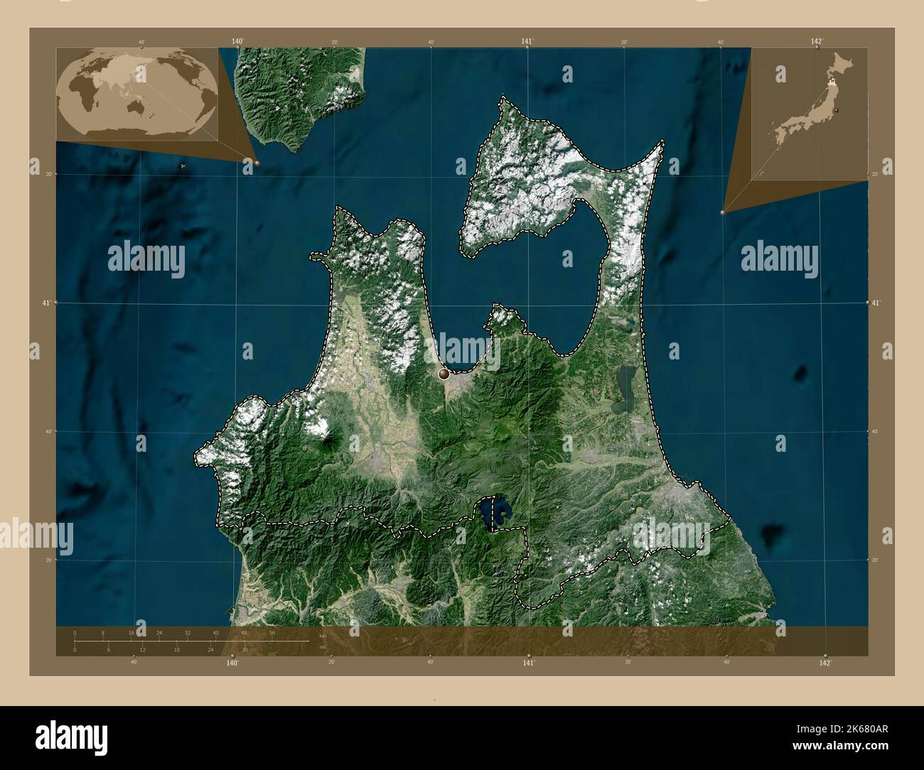 Aomori, prefecture of Japan. Low resolution satellite map. Corner ...
